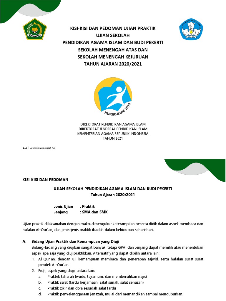 Kisi-Kisi Dan Pedoman Ujian Praktik US PAI Sekolah Menengah Atas Dan Sekolah Menengah Kejuruan | PDF