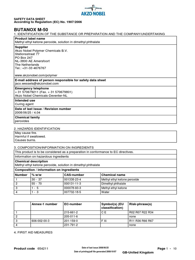 Mekp Butanox M 50 | PDF | Toxicity | Firefighting