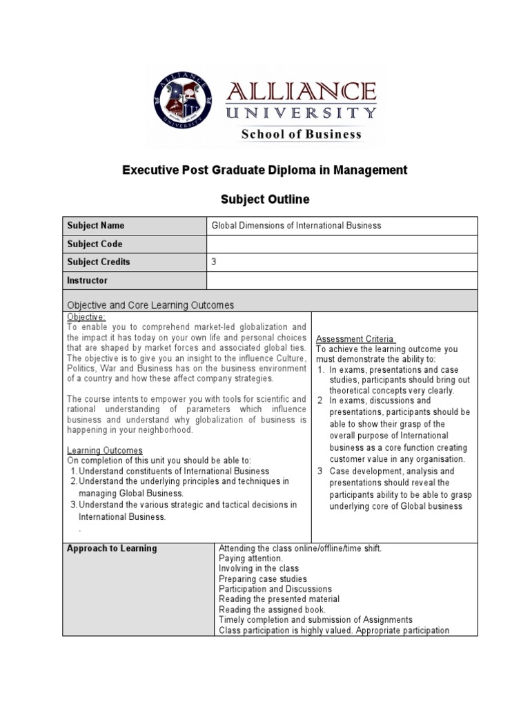 MGT409 - GDIB - Course Outline | PDF | Test (Assessment) | Globalization