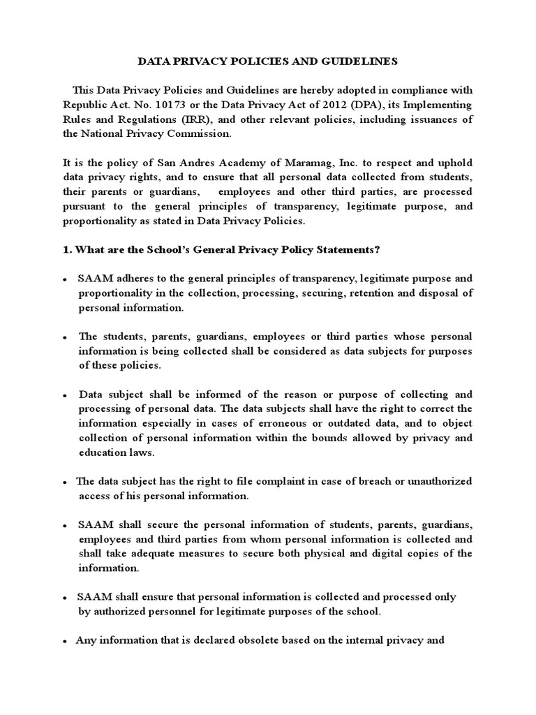 Ensuring Privacy and Security of Personal Data: Data Privacy Policies ...