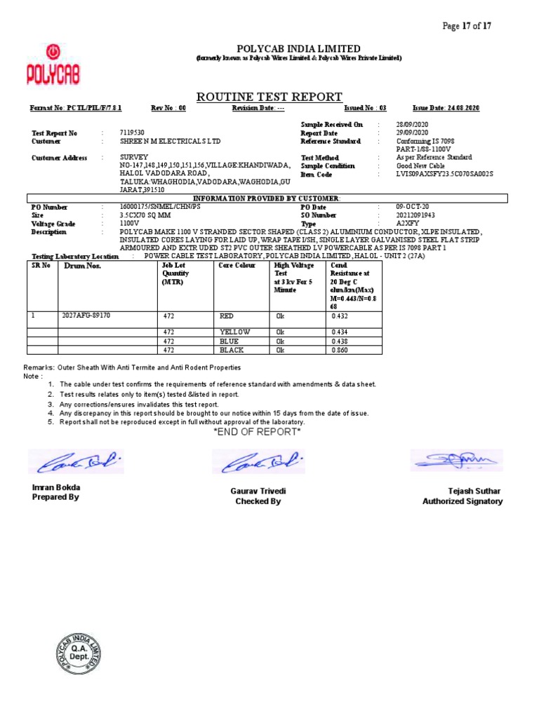 Routine Test Report: Polycab India Limited | PDF | Wire | Equipment