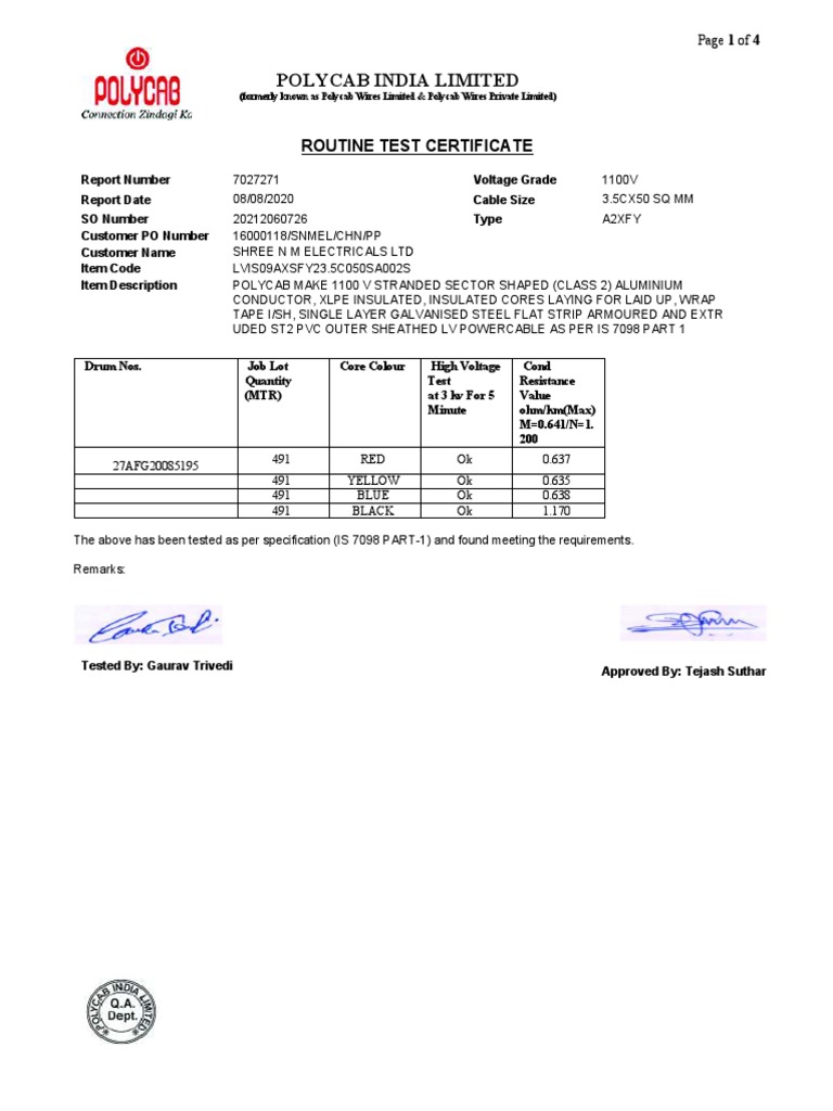 Polycab India Limited: Routine Test Certificate | PDF | Wire | Force