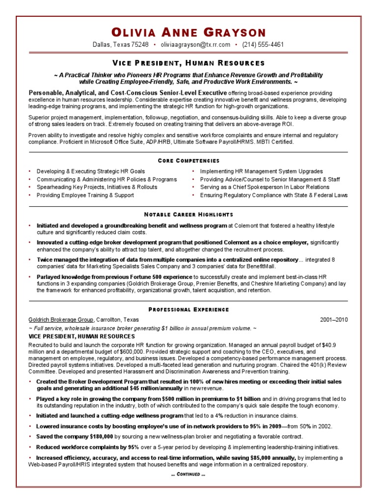 Executive Resume Sample For HR VP | PDF | Human Resource Management ...
