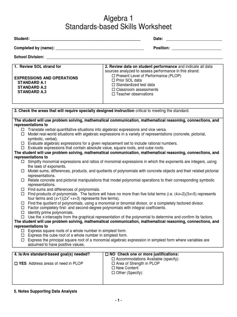 Algebra 1 Standards-Based Skills Worksheet | Download Free PDF ...