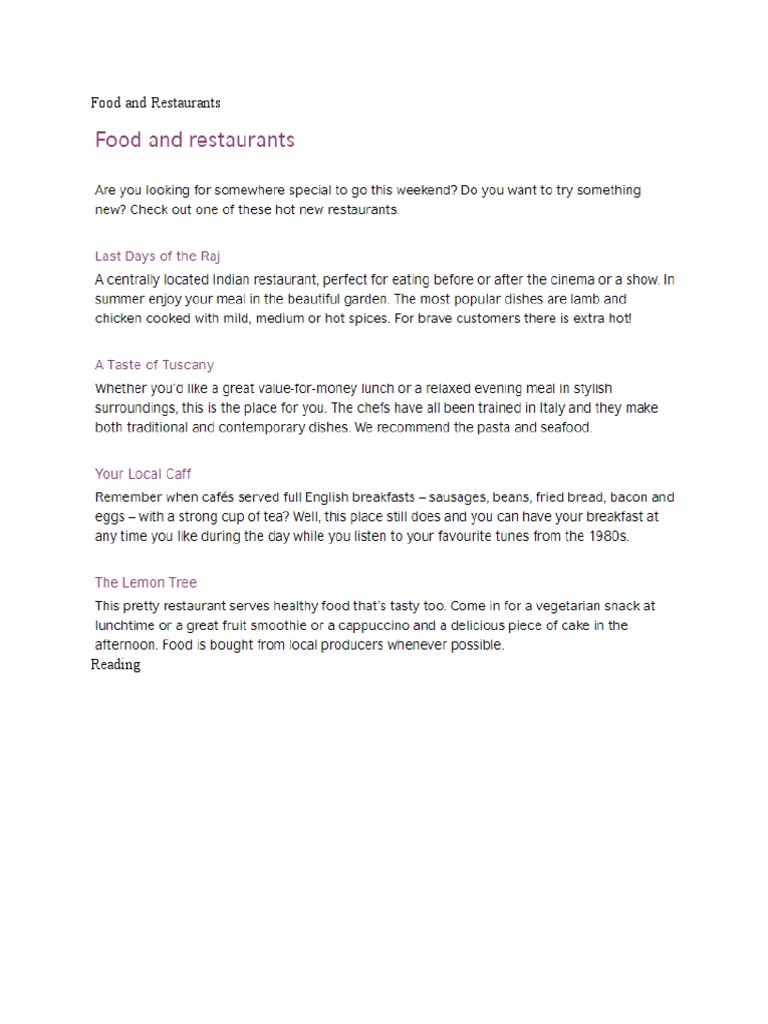 Food and Restaurants (Reading) | PDF | Cooking, Food & Wine