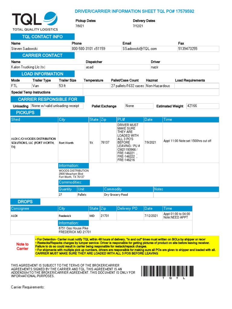 TQL Contact Info: Driver/Carrier Information Sheet TQL Po# 17579592 ...