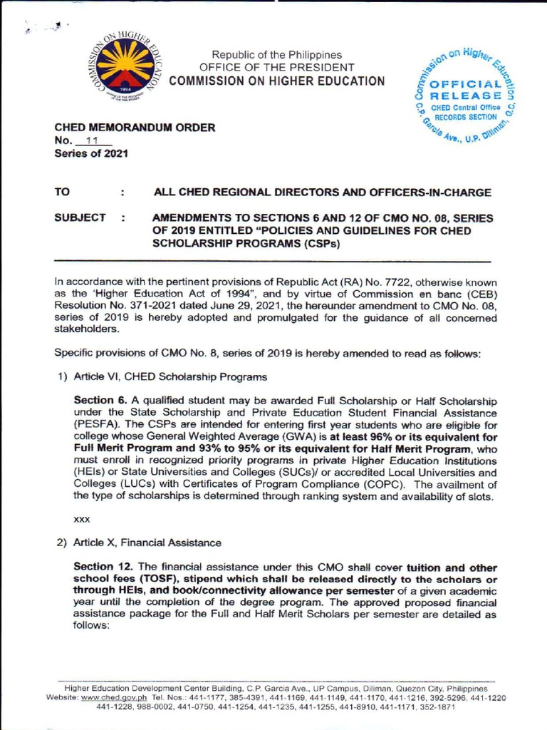 CMO No. 11 S. 2021 Amendments To Section 6 and 12 of CMO No. 8 Series of 2019 | PDF