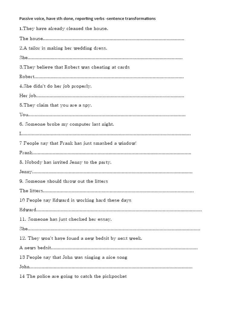 Passive Voice Have STH Done Reporting Verbs Grammar Drills Tests ...