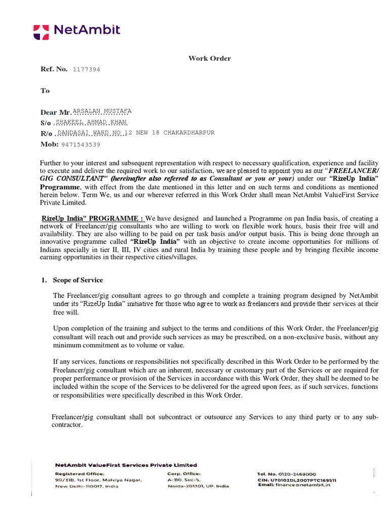 NetAmbit Work Order | PDF | Indemnity | Damages