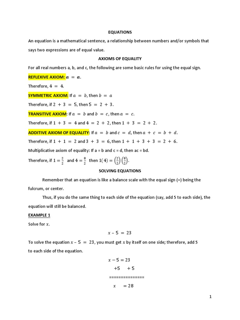 Axioms of Equality in Mathematics | PDF | Axiom | Equations