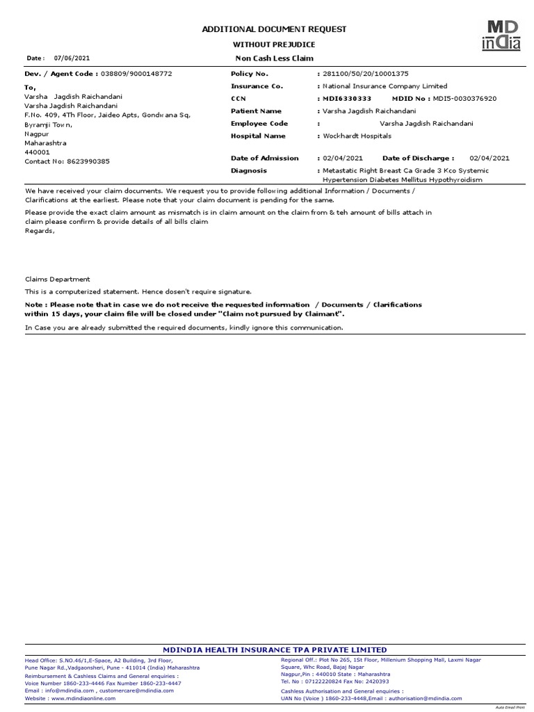 Additional Documents Request for Claim | PDF | Health Care | Medicine