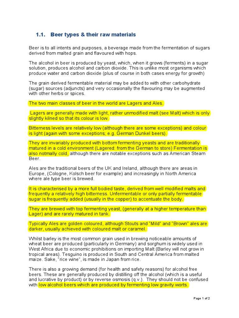 1.1 Beer Types & Their Raw Materials | PDF | Beer | Brewing