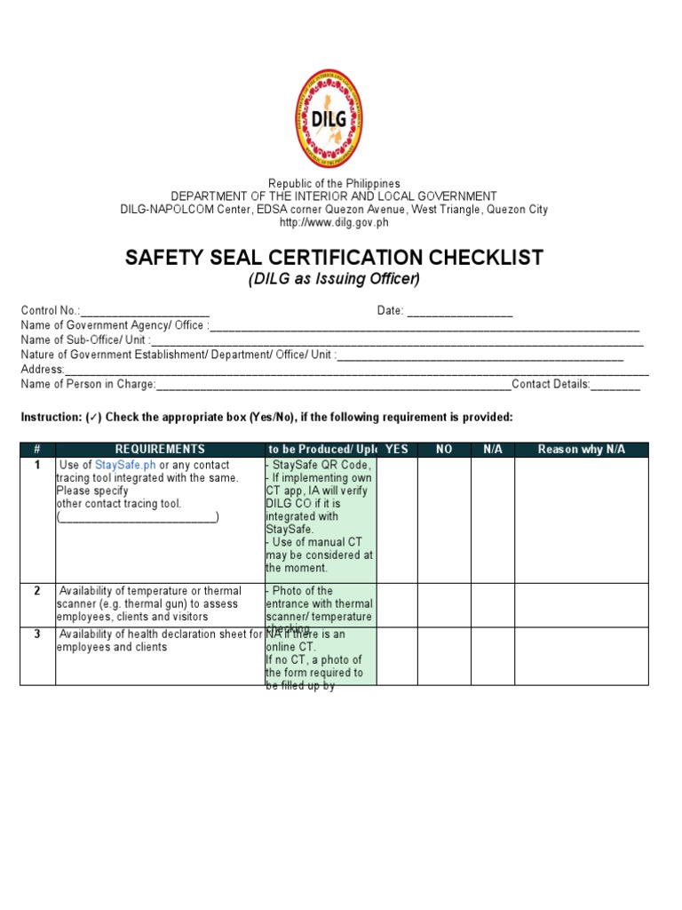 Safety Seal Certification Checklist: (DILG As Issuing Officer) | PDF ... Safety Seal Certification Checklist: (DILG As Issuing Officer) | PDF ...