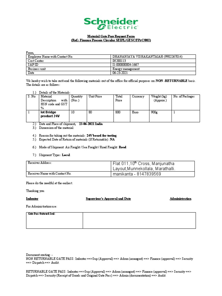 Material Gate Pass Request Form (Ref.: Finance Process Circular Seipl ...