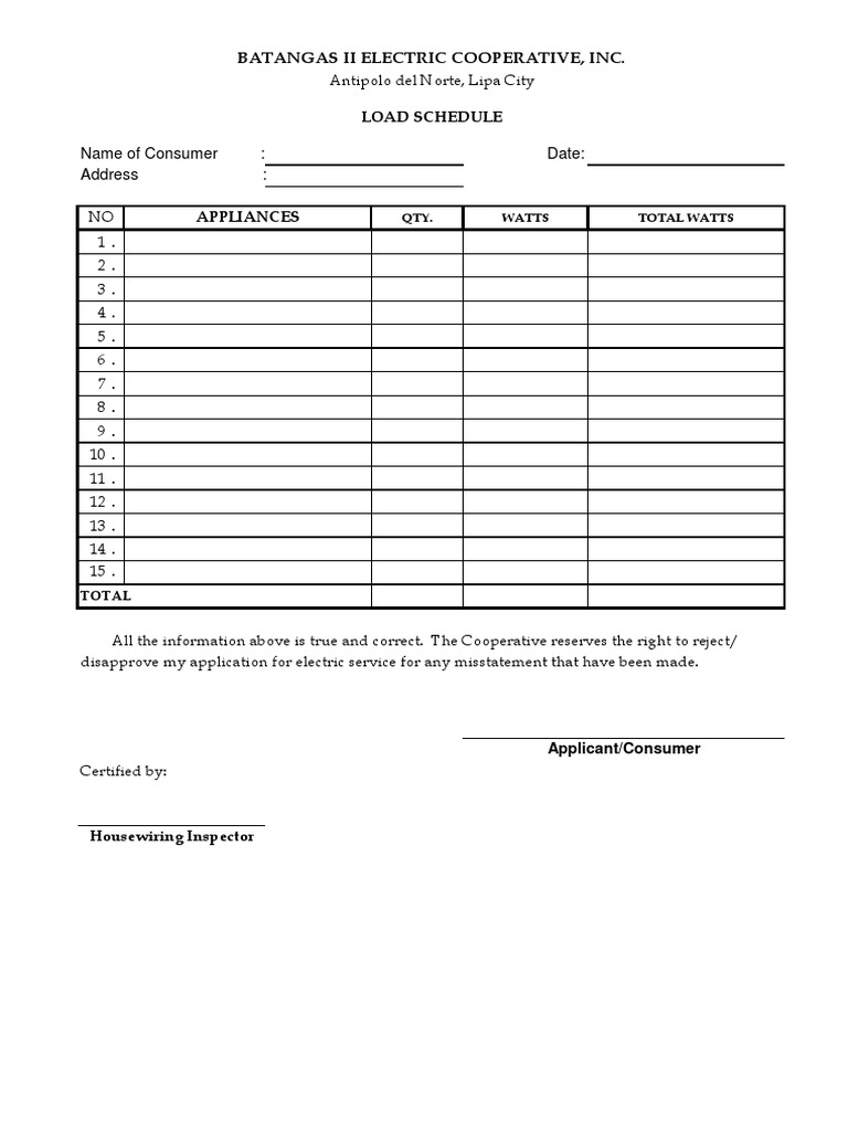 Load Schedule Form | PDF