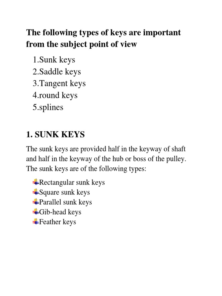 1.sunk Keys 2.saddle Keys 3.tangent Keys 4.round Keys 5.splines | PDF