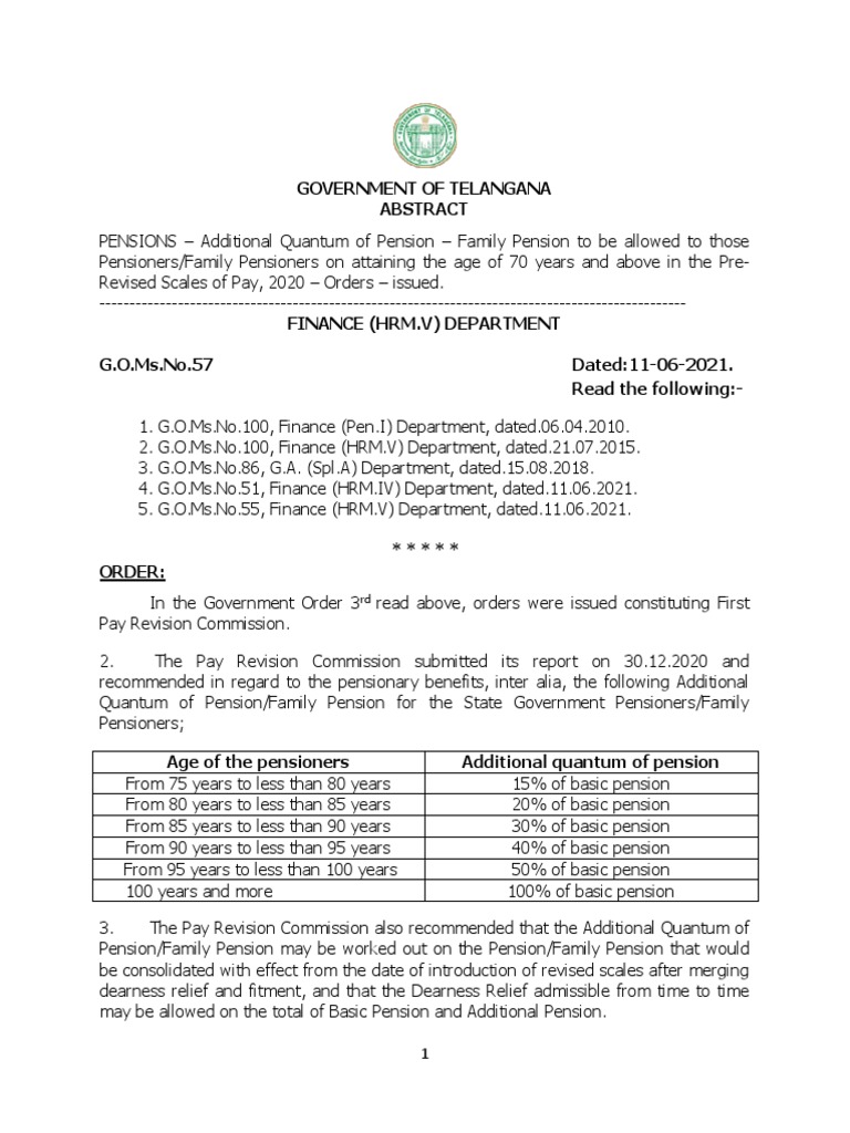 G.O.ms - No.57 - dt.11.06.2021 - Additional Quantum of Pension | PDF ...