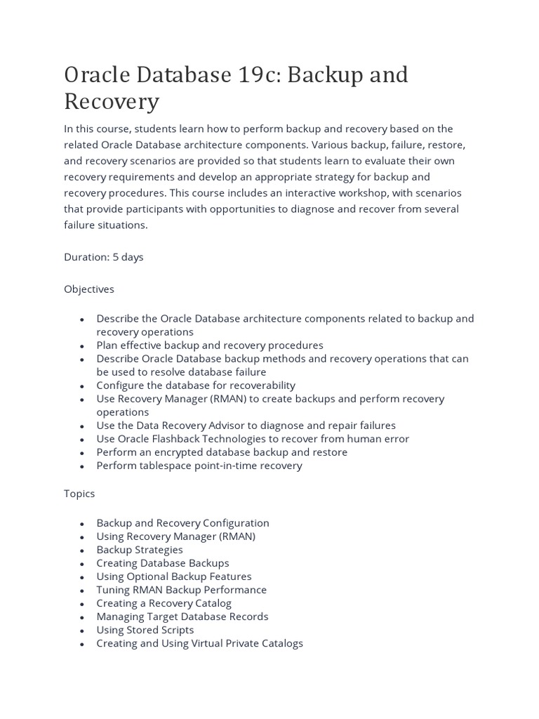 07 - Oracle Database 19c Backup and Recovery | PDF | Art | Technology & Engineering