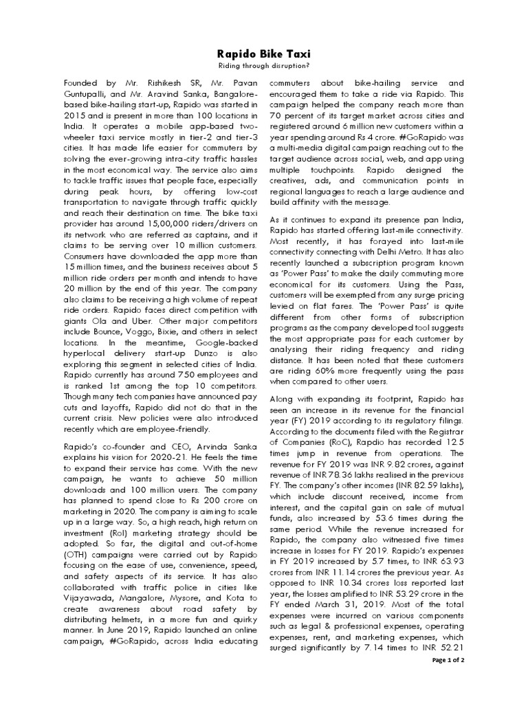 Rapido Bike Taxi - Riding Through Disruption (Final Case Study) | PDF ...