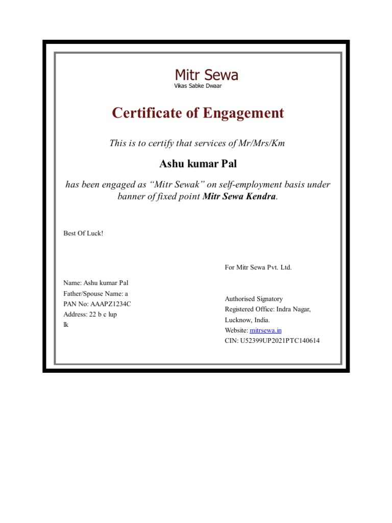 Certificate of Engagement for Mitr Sewak | PDF