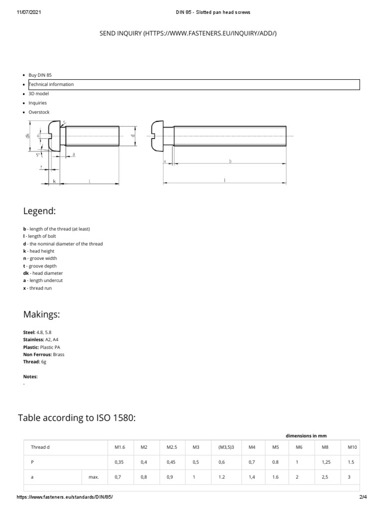DIN 85 - Slotted Pan Head Screws | PDF | Screw | Mechanical Engineering
