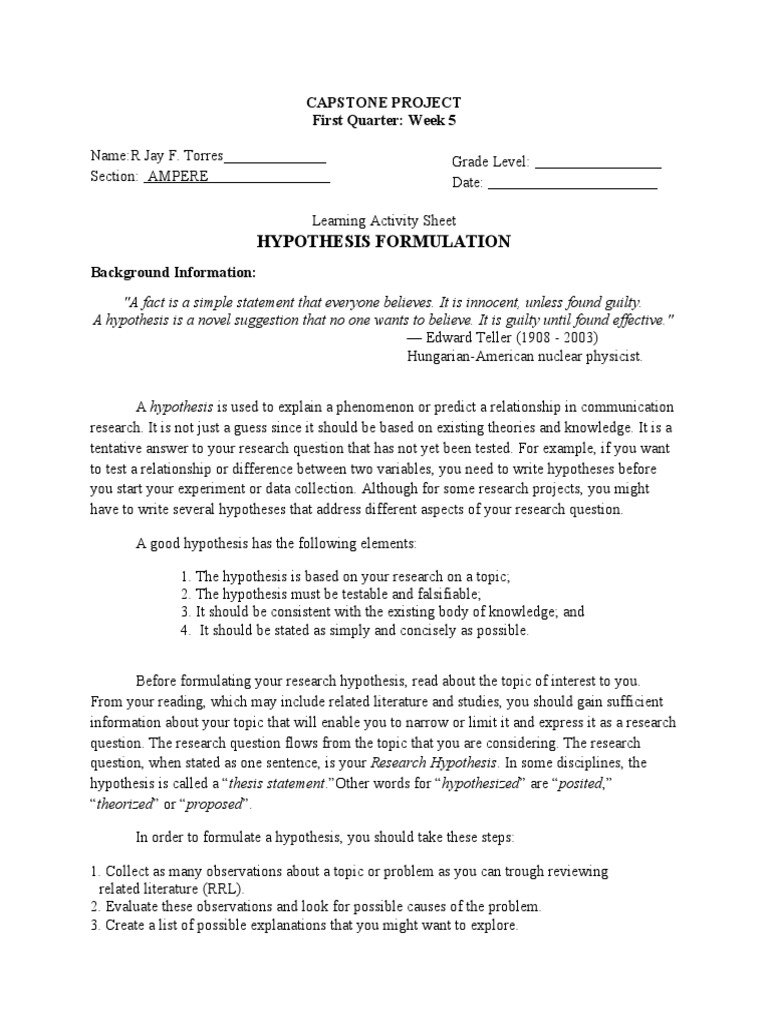 Hypothesis Formulation: Capstone Project First Quarter: Week 5 | PDF ...