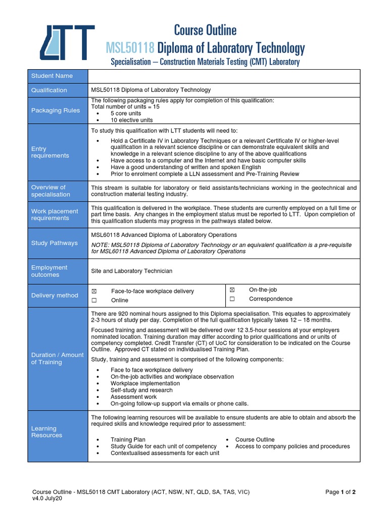 Course Outline - MSL50118 CMT Laboratory (ACT, NSW, NT, QLD, SA, TAS ...