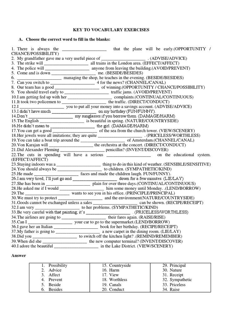 Key To Vocabulary Exercises | PDF