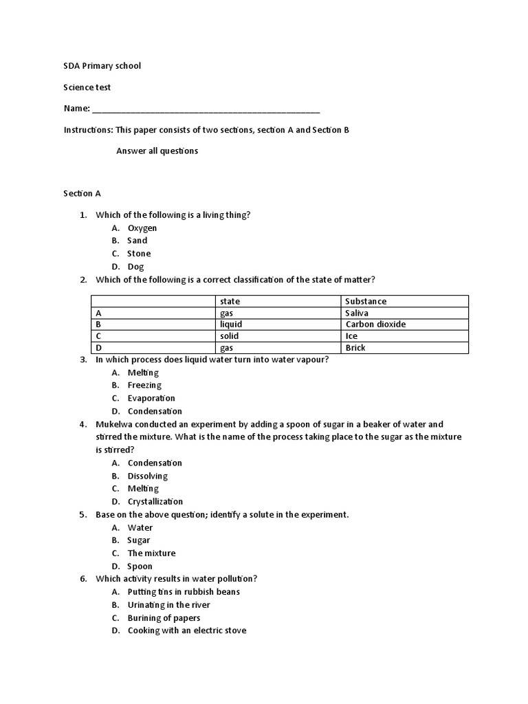 SDA Primary School Grade 5 Science Test | PDF | Solution | Mixture