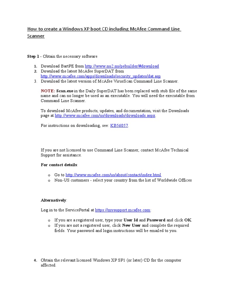 Creating a Windows XP boot CD with BartPE and McAfee Command Line Scanner for virus scanning and ...
