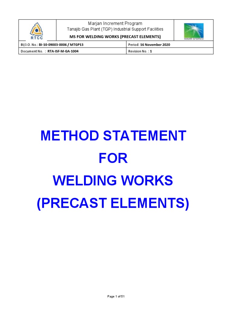 Welding Method Statement for Precast Elements Installation | PDF ...
