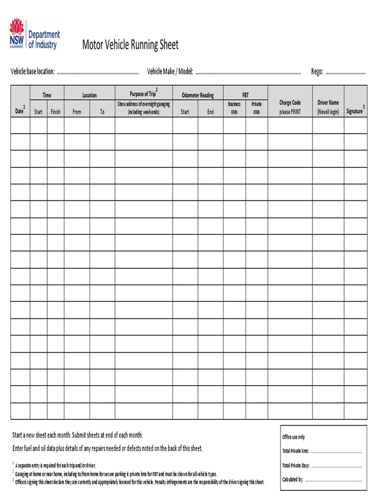 Vehicle Running Sheet Template | PDF | Vehicles | Transport