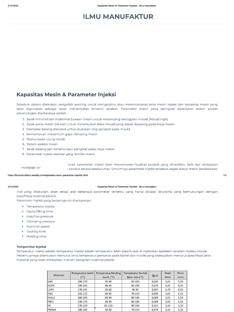 Kapasitas Mesin & Parameter Injeksi | PDF