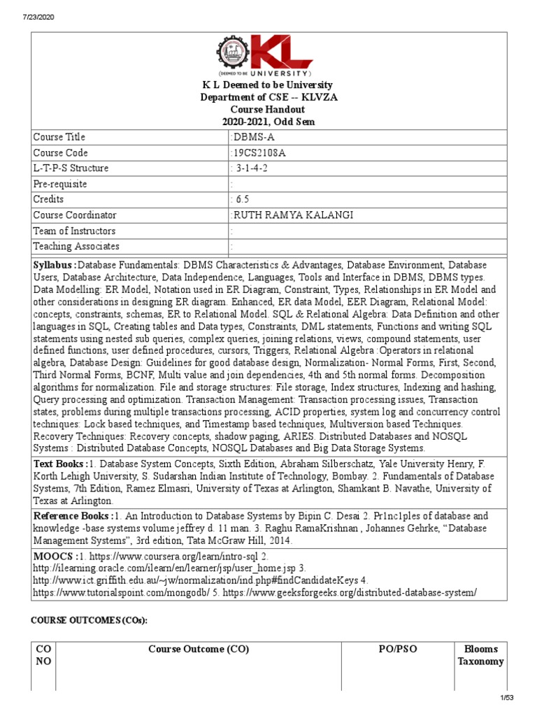 DBMS Handout Advanced | PDF | Relational Database | Databases