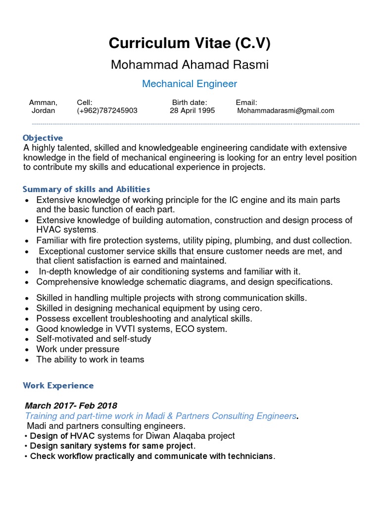 Curriculum Vitae (C.V) : Mohammad Ahamad Rasmi | PDF | Mechanical Engineering | Engineering
