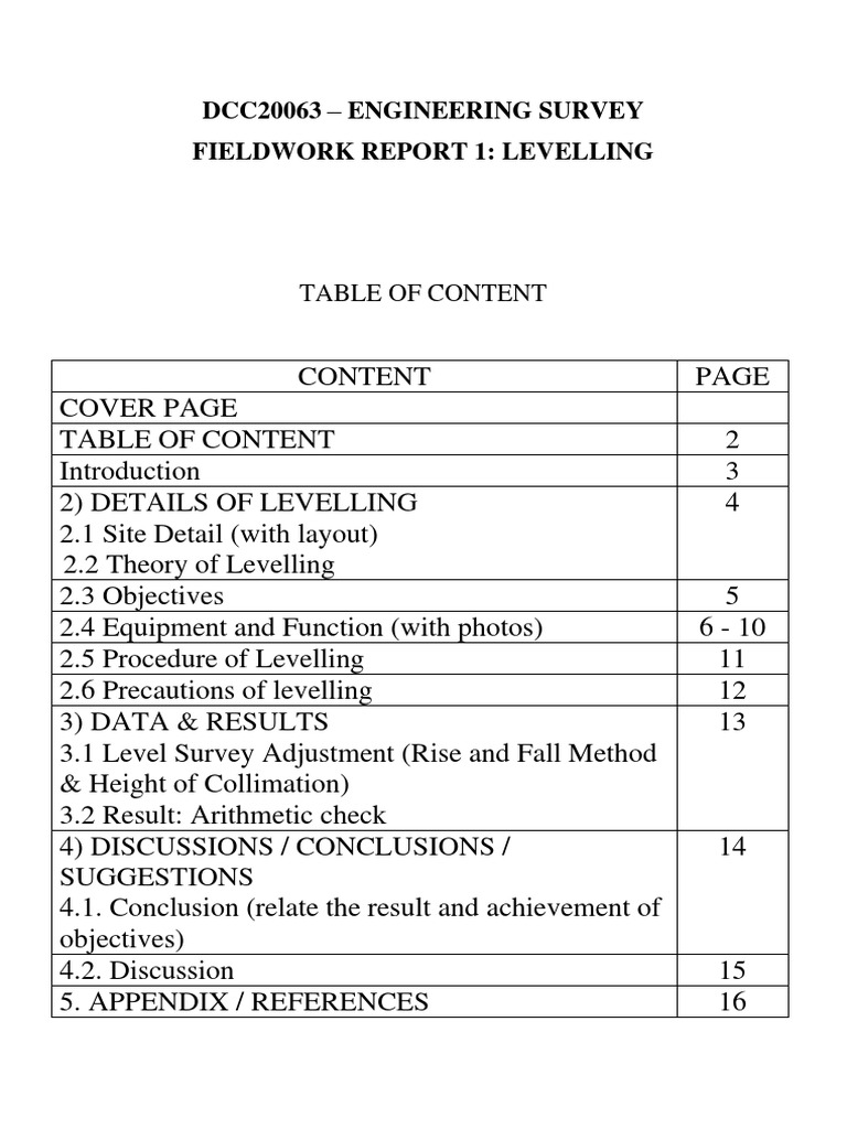Dcc20063 - Engineering Survey Fieldwork Report 1: Levelling: Table of Content | Download Free ...