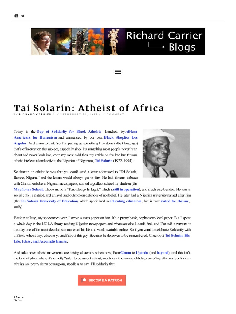 2012-02-26 Tai Solarin. Atheist of Africa (Richardcarrier - Info ...
