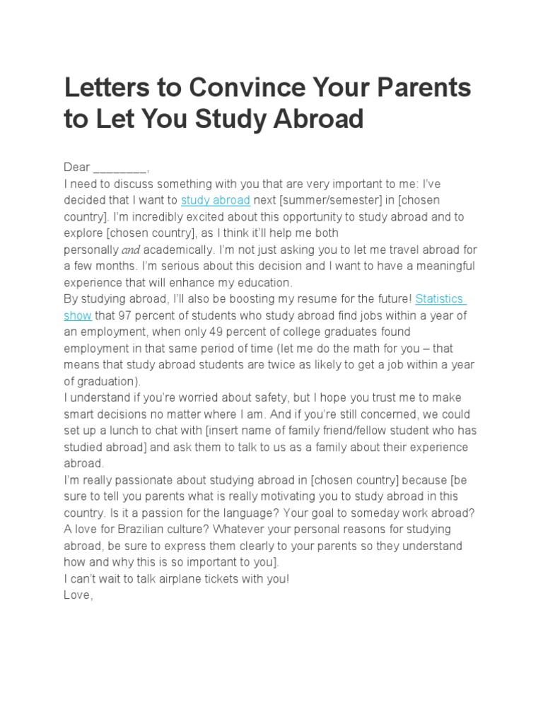 Letters To Convince Your Parents To Let You Study Abroad | PDF