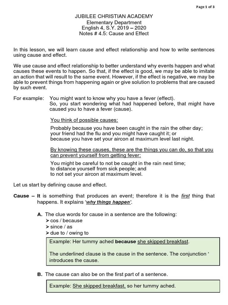 G4 ENGLISH Notes # 5 Cause and Effect | PDF | Sentence (Linguistics ...