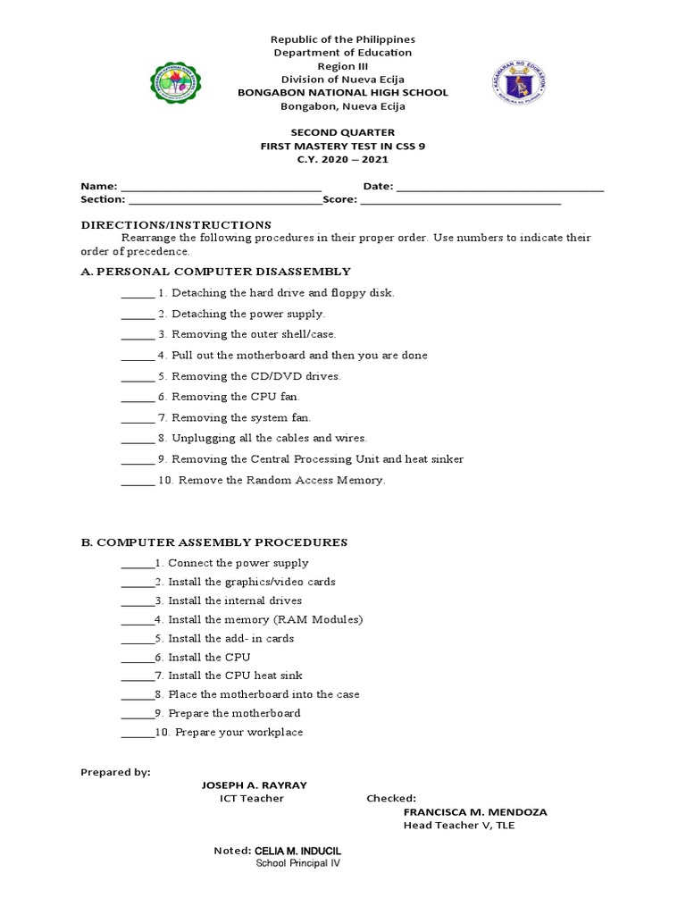 CSS 9 Quarter 2 Week 1 and 2 LAS Mastery Test 2020 - 20211 | PDF