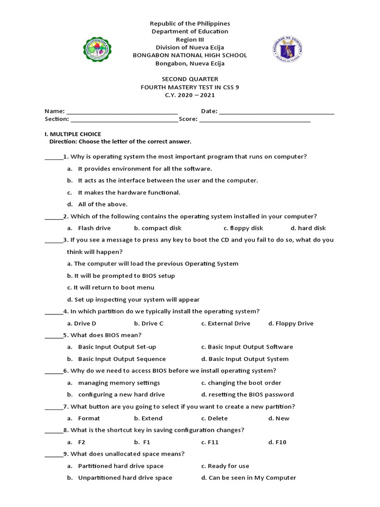 CSS 9 Quarter 2 Week 7 and 8 LAS Mastery Test 2020 2021 | PDF | Bios ...