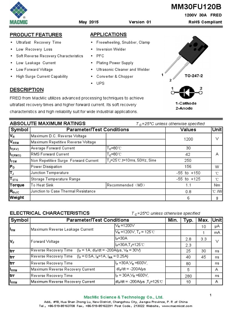 Product Features Applications: 1200V 30A Fred May 2015 Rohs Compliant ...