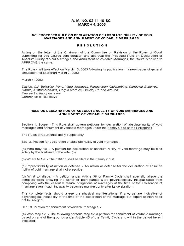 A. M. NO. 02-11-10-SC - Rule On Declaration of Nullity of Marriage ...