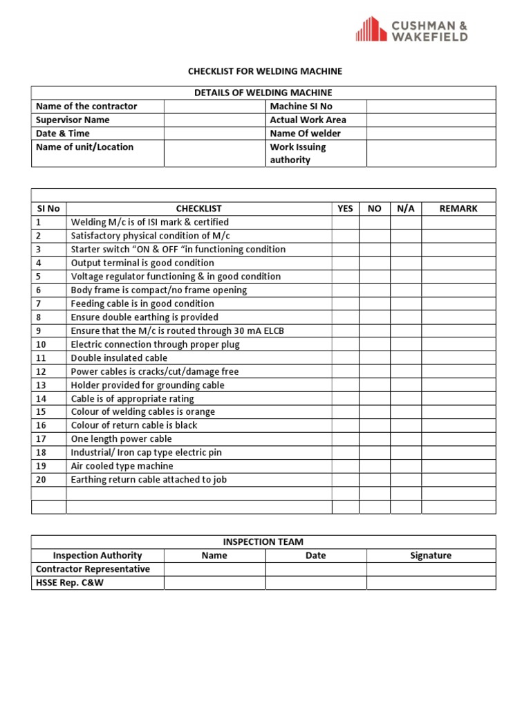 HSSE - CW - Welding Machine Checklist | PDF