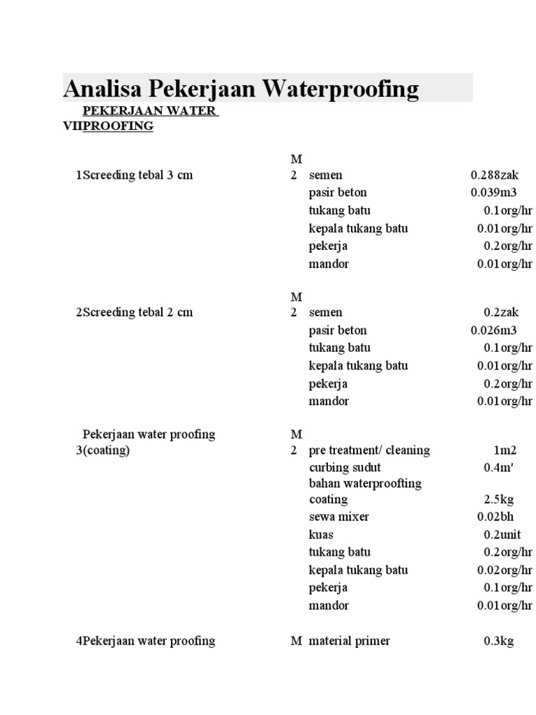 Analisa Pekerjaan Waterproofing Pdf