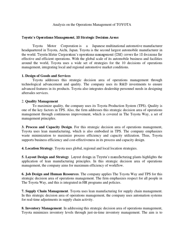 Case Study No.2 Analysis On Toyota's Operations Management | PDF ...