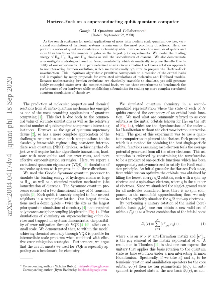 Hartree-Fock On A Superconducting Qubit Quantum Computer | PDF | Hartree–Fock Method | Molecular ...
