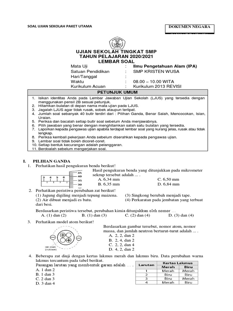 Soal Ujian Sekolah Ipa Kelas 9 2024 Pdf Sains Matematika