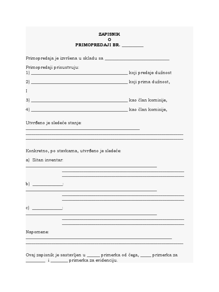PRIMER ZAPISNIK o Primopredaji | PDF
