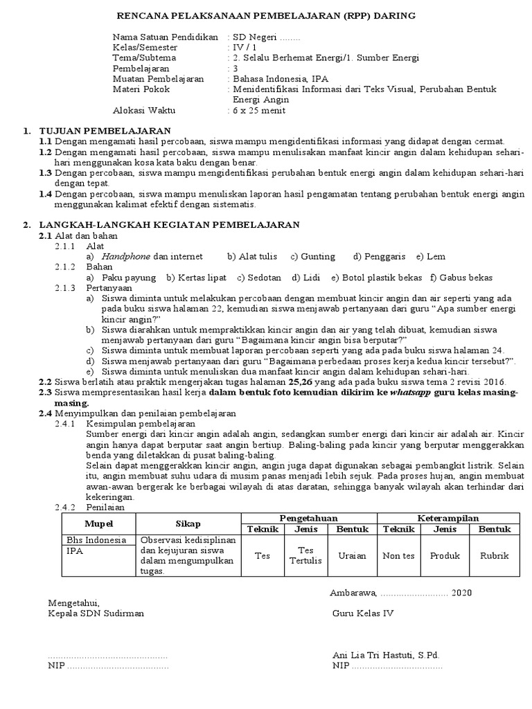Contoh RPP Daring Kelas 4 T2 ST1 PB3 | PDF